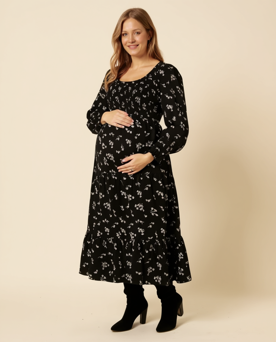 Nobody’s Child Black Floral Ruby Midi Dress | Maternity-Friendly Midi Style – For The Creators